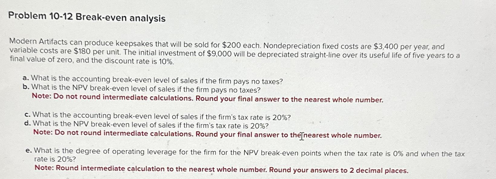 Solved Problem 10-12 ﻿Break-even analysisModern Artifacts | Chegg.com