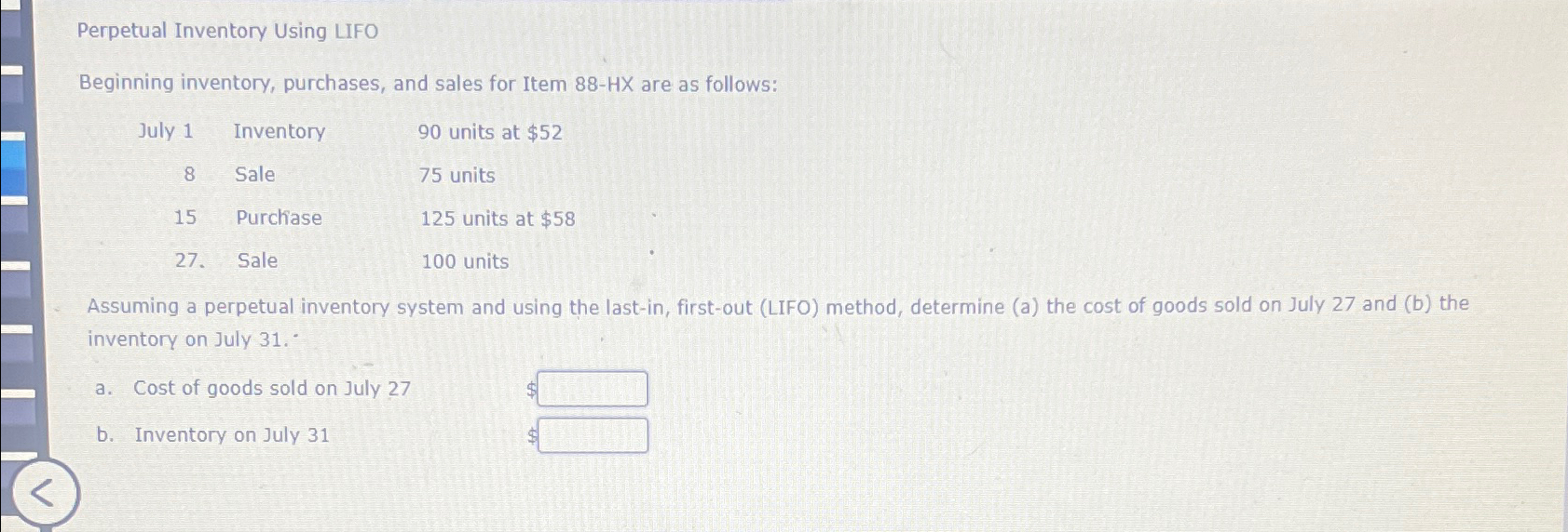 Solved Perpetual Inventory Using LIFOBeginning inventory, | Chegg.com