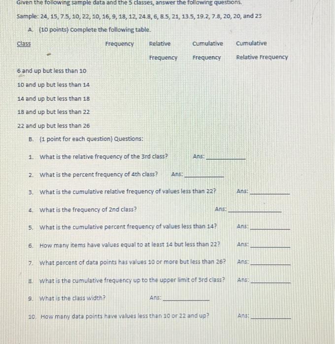 Solved Given the following sample data and the 5 classes, | Chegg.com
