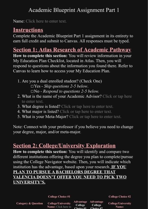 Academic Blueprint Assignment Part 1 Name: Click here | Chegg.com