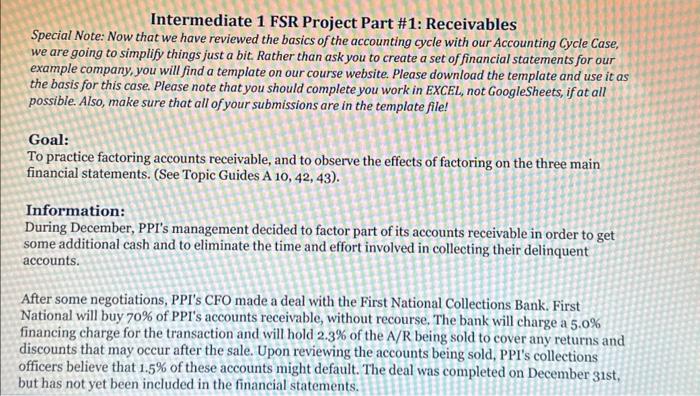 Intermediate 1 FSR Project Part \#1: Receivables | Chegg.com