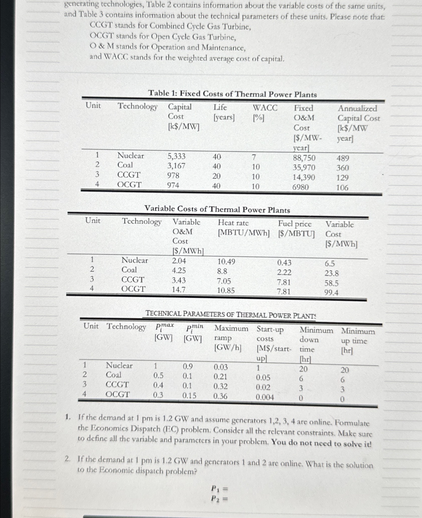 Solved generating technologies, Table 2 ﻿contains | Chegg.com