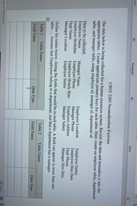 Solved Font Paragraph 12 Styles E CBSY 2205 Normalization | Chegg.com