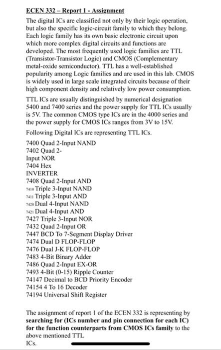Solved ECEN 332 - Report 1 - Assignment The digital ICs are | Chegg.com