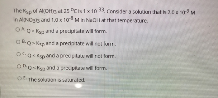 Solved The Ksp of Al(OH)3 at 25 °C is 1 x 10-33. Consider a | Chegg.com