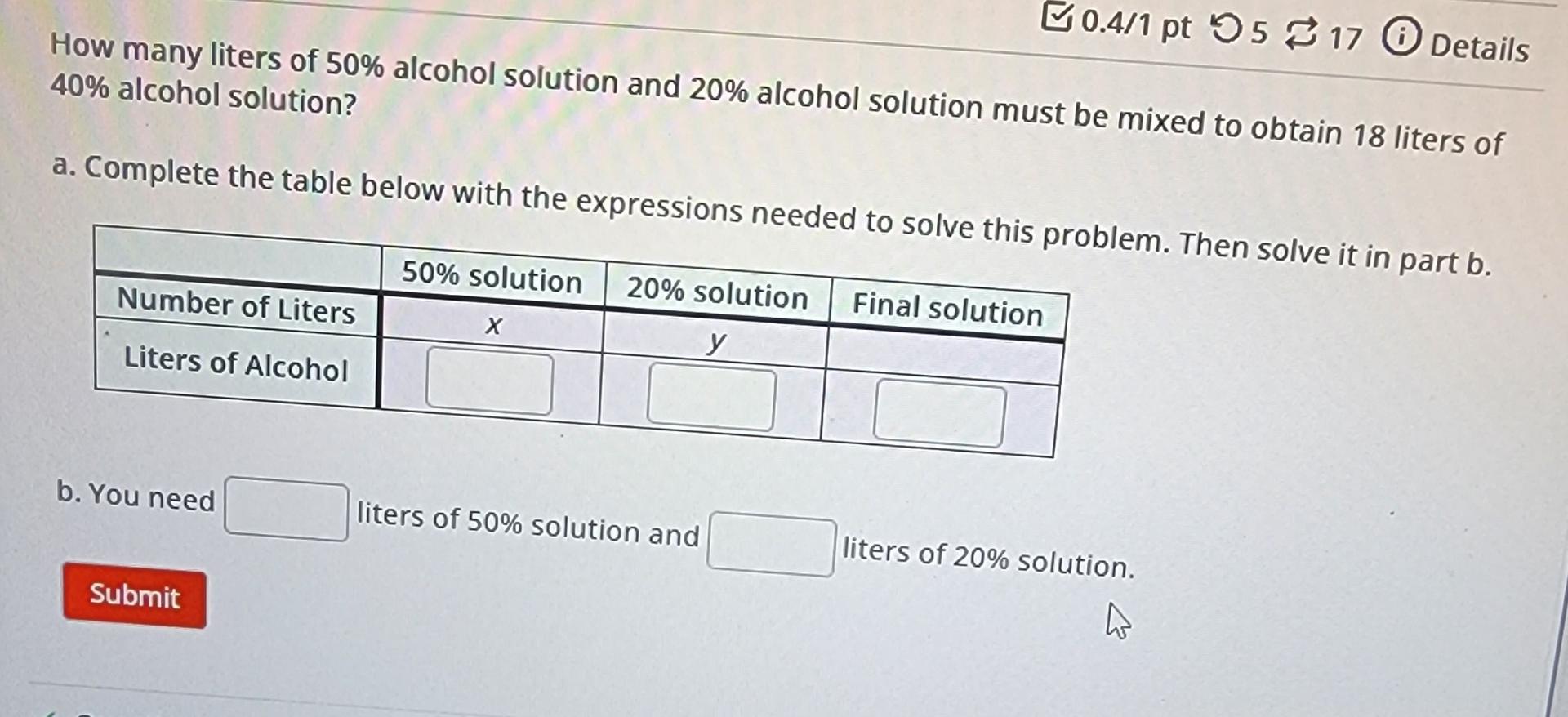 How many liters of 50% alcohol solution and 20% | Chegg.com