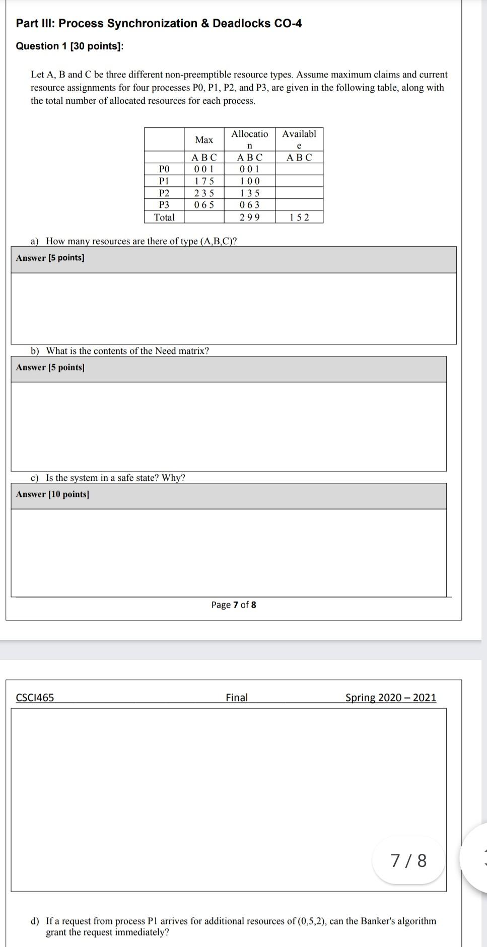 Solved Part III: Process Synchronization & Deadlocks CO-4 | Chegg.com