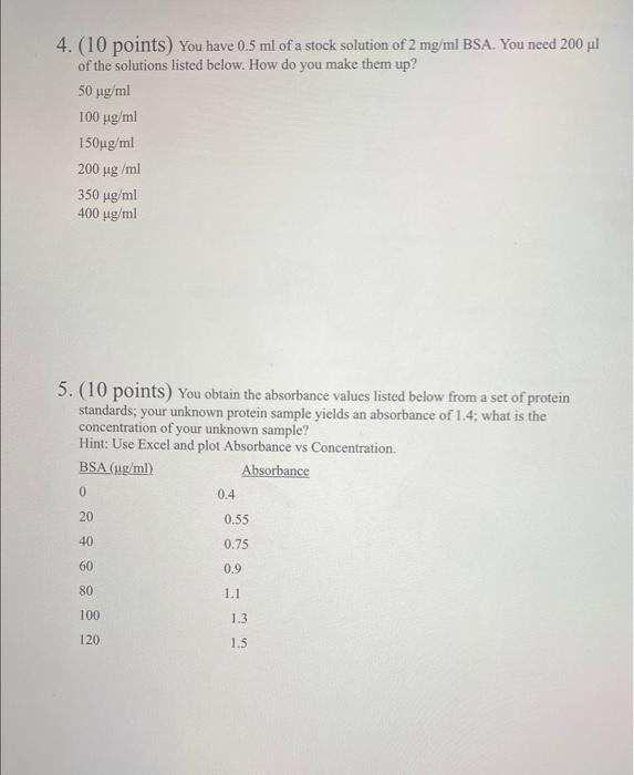 Solved 4. ( 10 points) You have 0.5ml of a stock solution of | Chegg.com