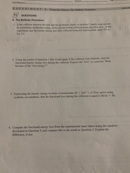 Solved EXPERIMENT Projectile Motion: The Ballistic Pendulum | Chegg.com