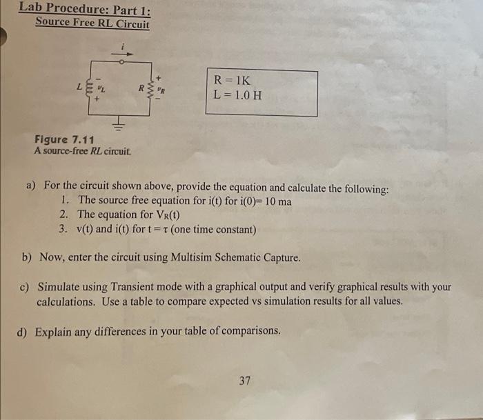 Solved Lab Procedure: Part 1: Source Free RL Circuit R = 1K | Chegg.com