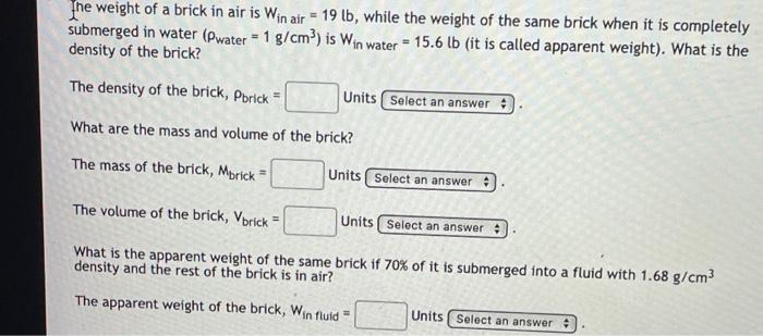Solved The weight of a brick in air is Win air = 19 lb, | Chegg.com