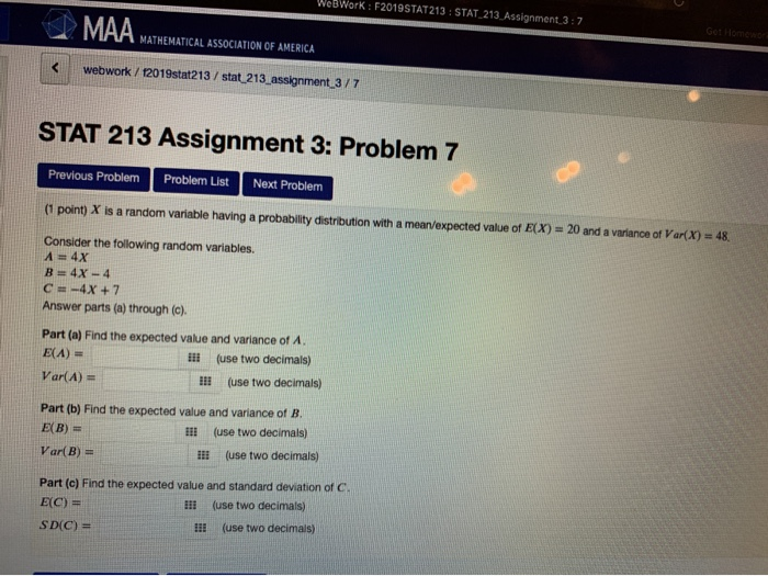 Solved WebWork : F2019STAT213 : STAT_213 Assignment 3:7 M AA | Chegg.com