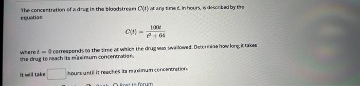 Solved The concentration of a drug in the bloodstream C(t) | Chegg.com