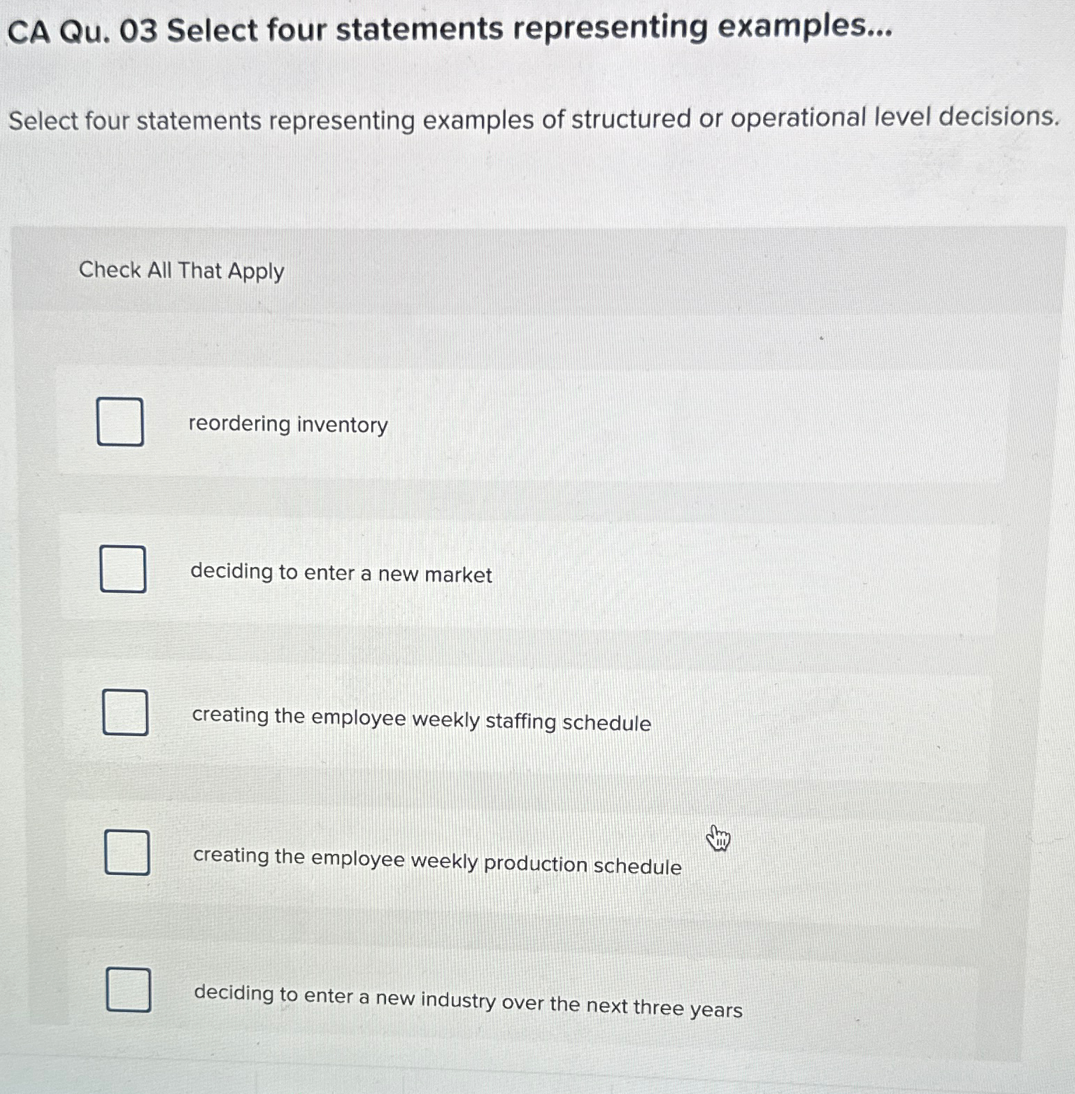 Solved CA Qu. 03 ﻿Select four statements representing | Chegg.com