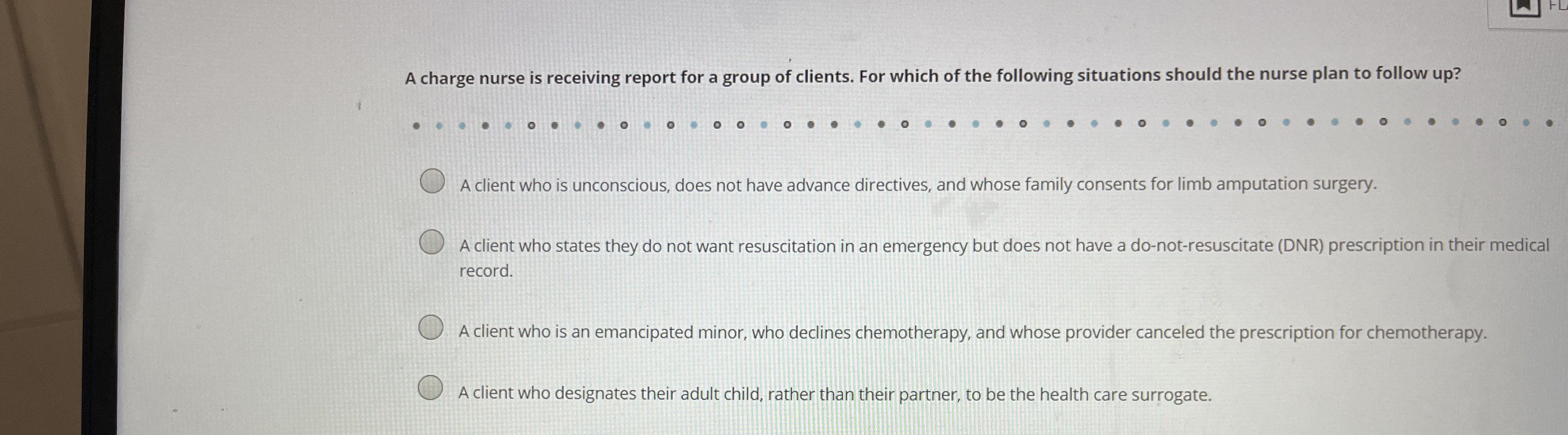 Solved A charge nurse is receiving report for a group of | Chegg.com