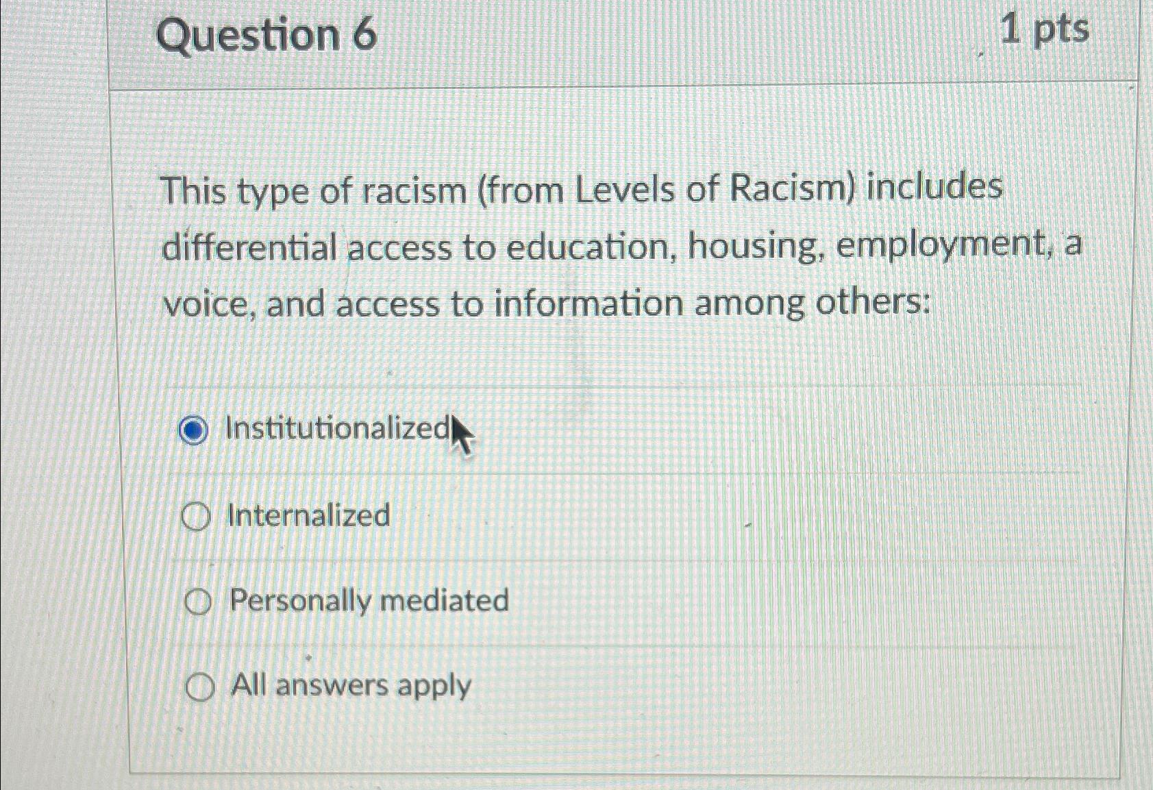 Solved Question 61 ﻿ptsThis type of racism (from Levels of | Chegg.com