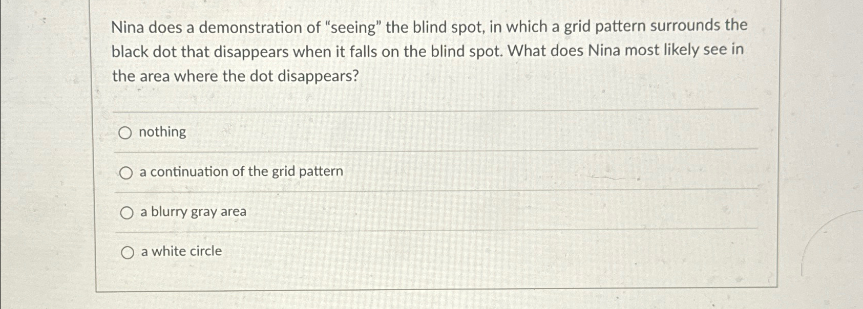Solved Nina does a demonstration of "seeing" the blind spot, | Chegg.com