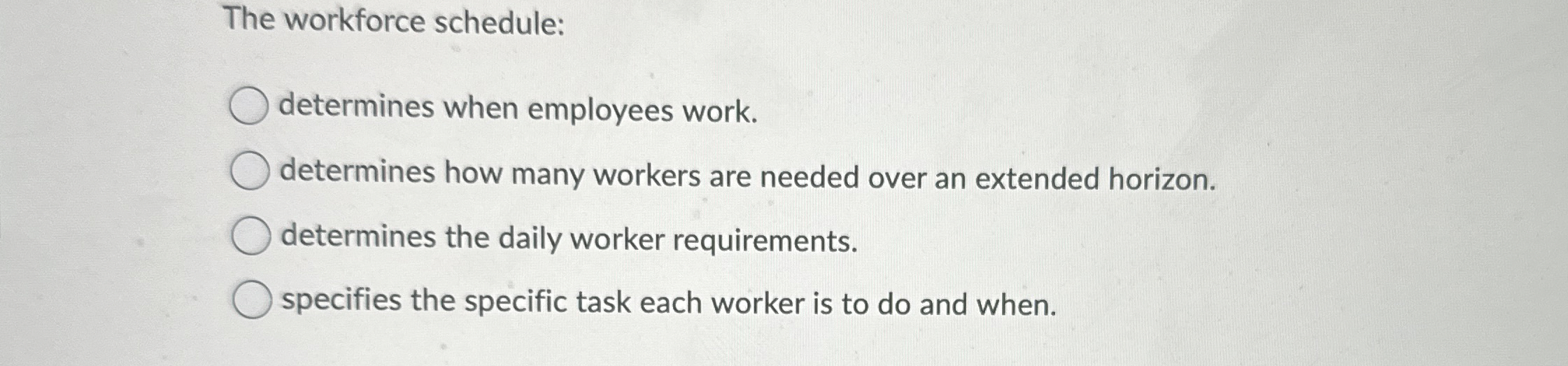 Solved The workforce schedule:determines when employees | Chegg.com