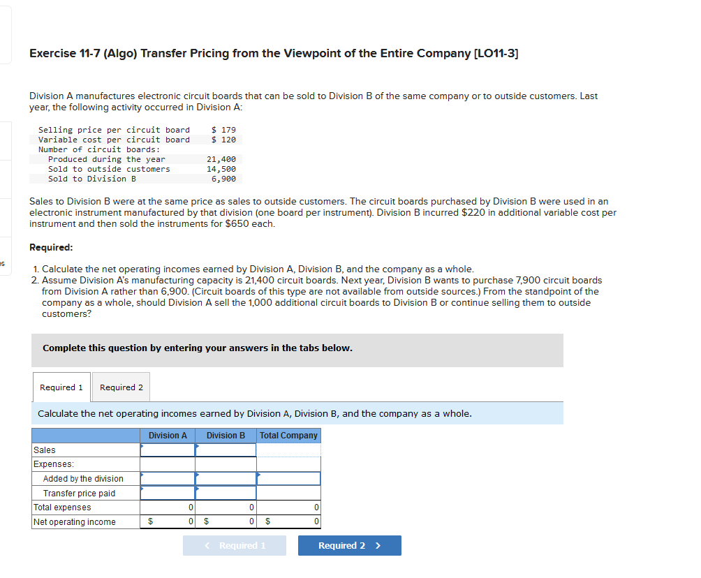Solved Exercise 11-7 (Algo) ﻿Transfer Pricing from the | Chegg.com