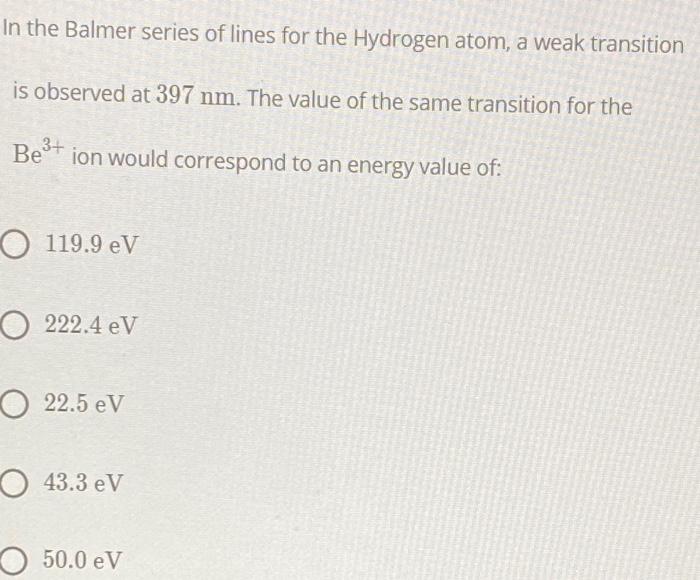 Solved In the Balmer series of lines for the Hydrogen atom, | Chegg.com