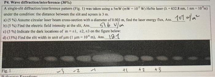 Solved P4. Wave diffraction/interference (30%) A single-slit | Chegg.com