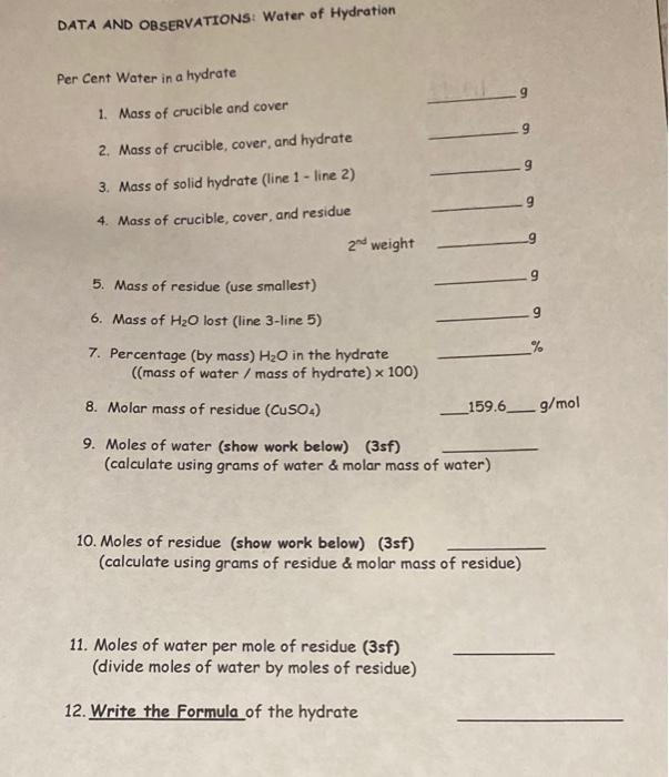 Solved 7. Percentage (by mass) H2O in the hydrate % ((mass | Chegg.com