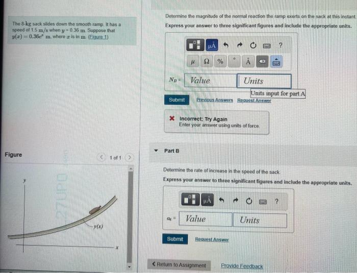Solved The 8−kg sack slides down the smooth ramp it has a | Chegg.com