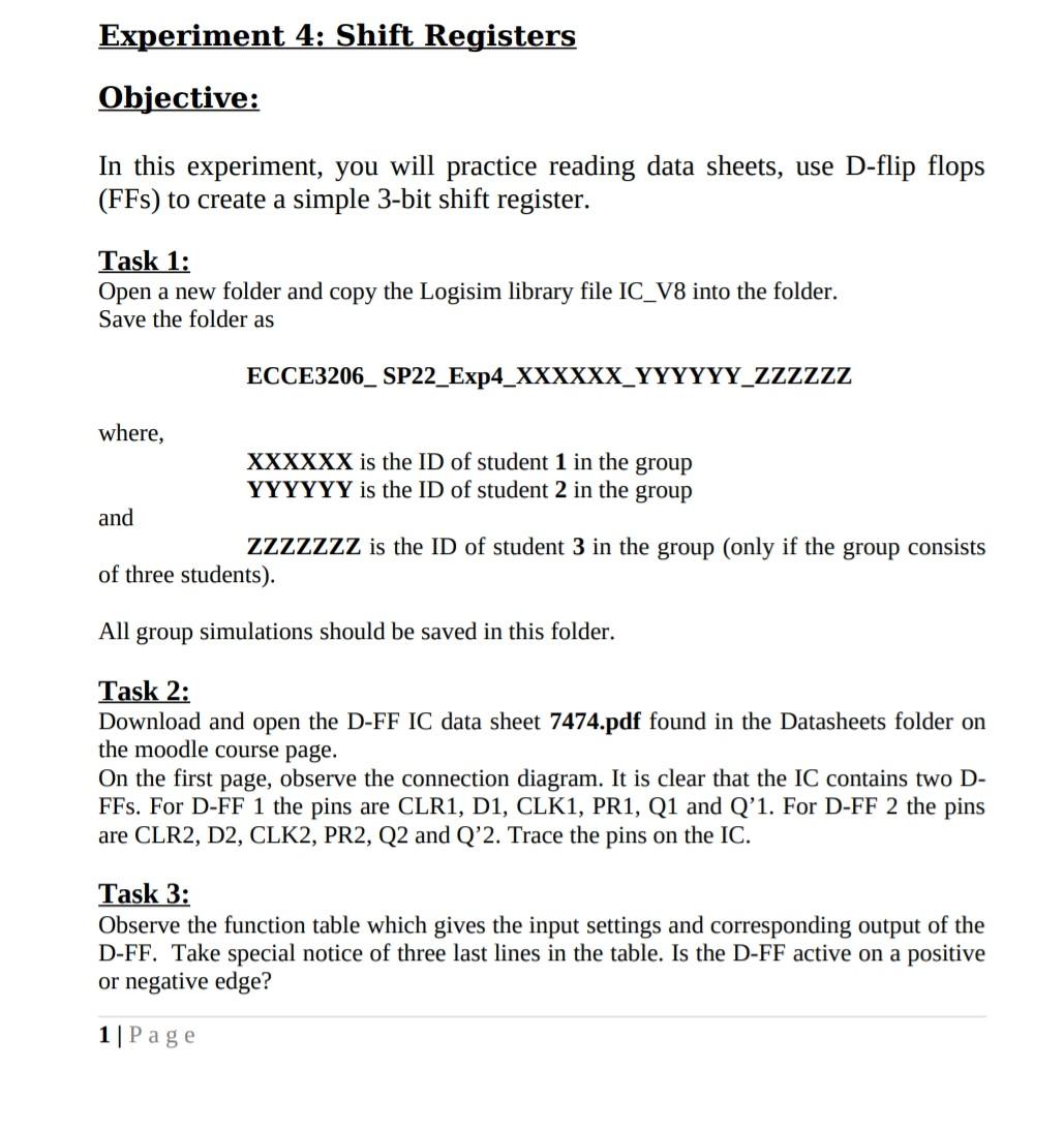 Solved Experiment 4: Shift Registers Objective: In this | Chegg.com