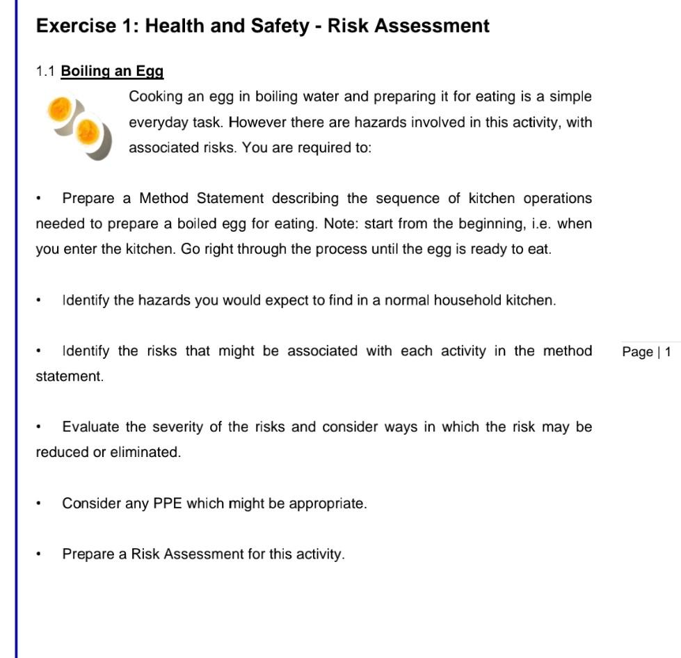 Solved Exercise 1: Health and Safety - Risk Assessment 1.1 | Chegg.com