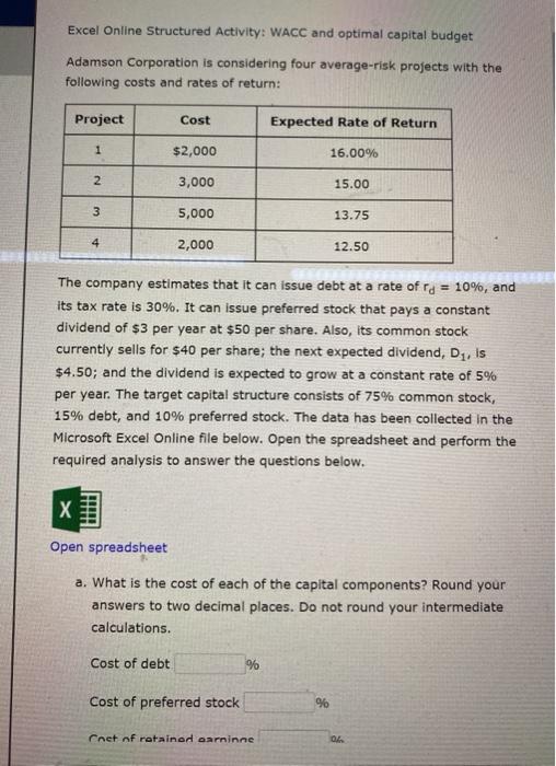 Solved Excel Online Structured Activity: WACC and optimal | Chegg.com