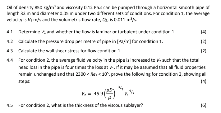Solved Oil of density 850 kg/m3 and viscosity 0.12 Pa.s can | Chegg.com