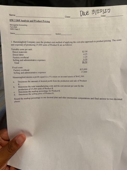 Solved Name Class: Date: HW 5 Diff Analysis and Product | Chegg.com