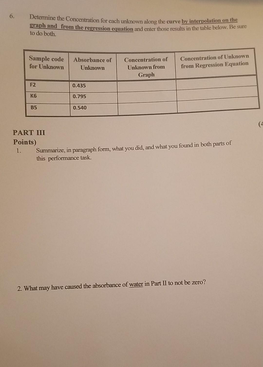 6. Determine the Concentration for each unknown along | Chegg.com
