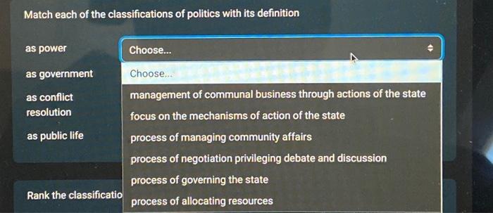 Solved Match each of the classifications of politics with | Chegg.com