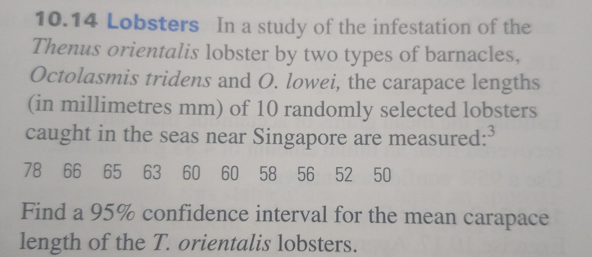 Solved 10.14 Lobsters In a study of the infestation of the | Chegg.com