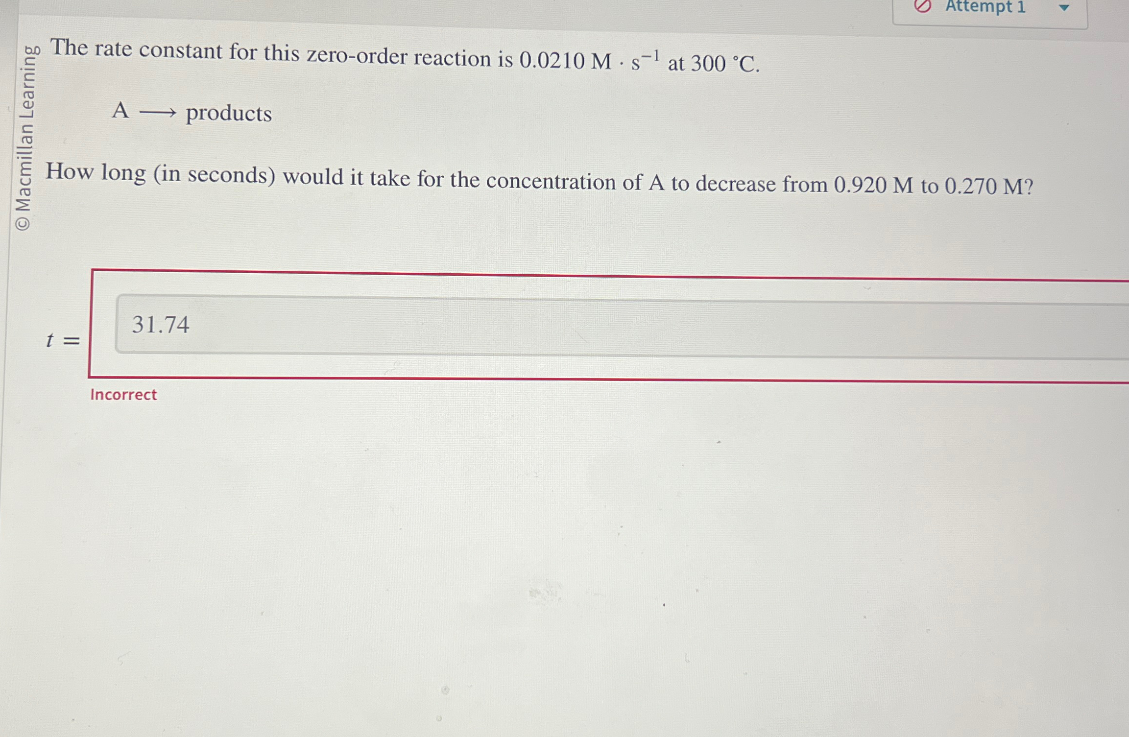 Solved Attempt 1wo The rate constant for this zero-order | Chegg.com