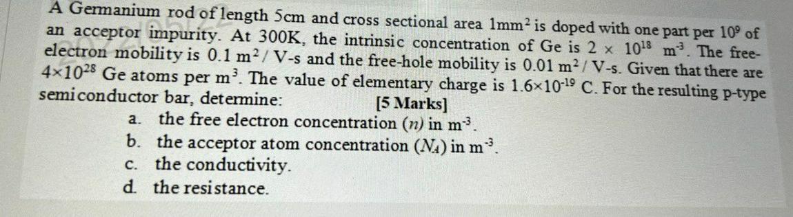 Solved A Germanium rod of length 5cm and cross sectional | Chegg.com
