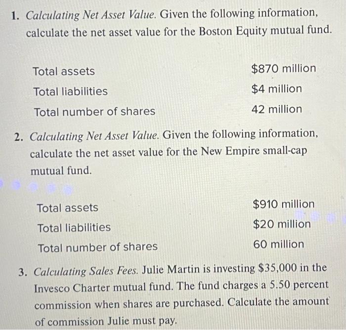 Solved 1. Calculating Net Asset Value. Given the following | Chegg.com
