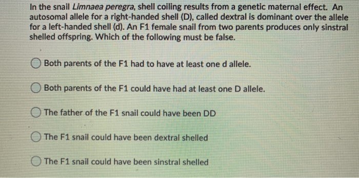 Solved In the snail Limnaea peregra, shell coiling results | Chegg.com