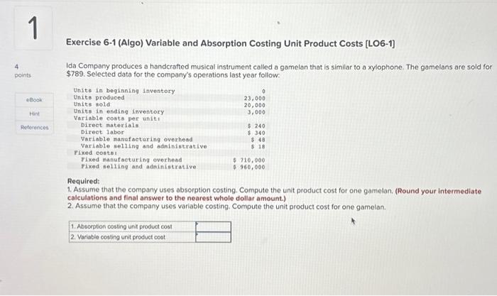 Solved Exercise 6-1 (Algo) Variable and Absorption Costing | Chegg.com