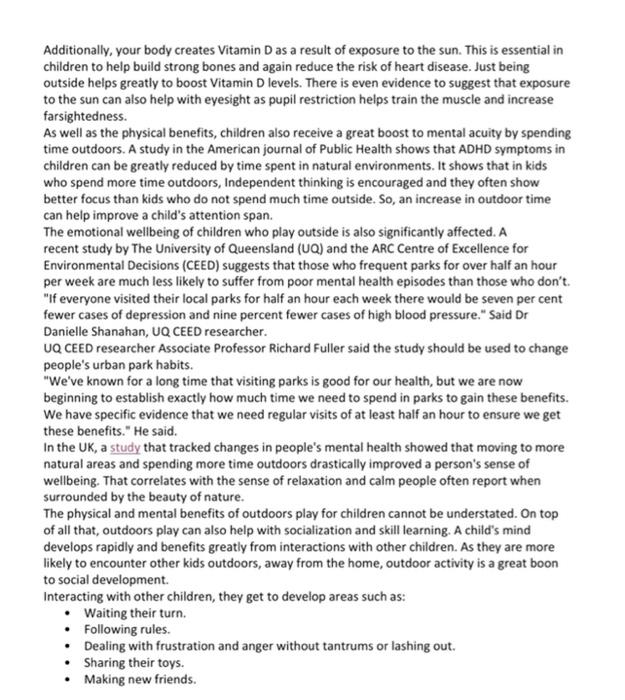 A lack of outdoor activity can have many consequences | Chegg.com