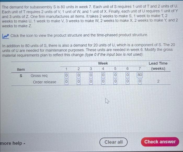 Solved The demand for subassembly S is 80 units in week 7 . | Chegg.com