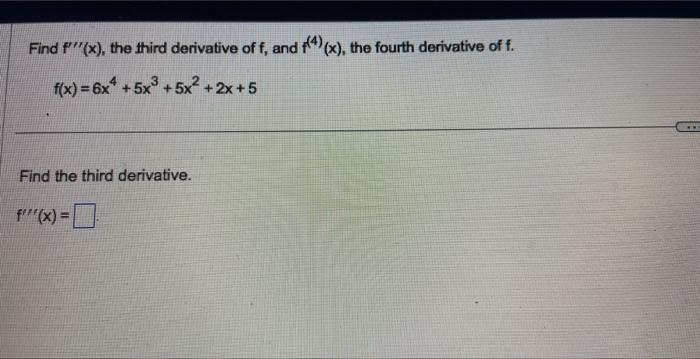 Solved Find f′′′(x), the third derivative of f, and f(4)(x), | Chegg.com