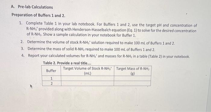 A. Pre-lab Calculations Preparation of Buffers 1 and | Chegg.com