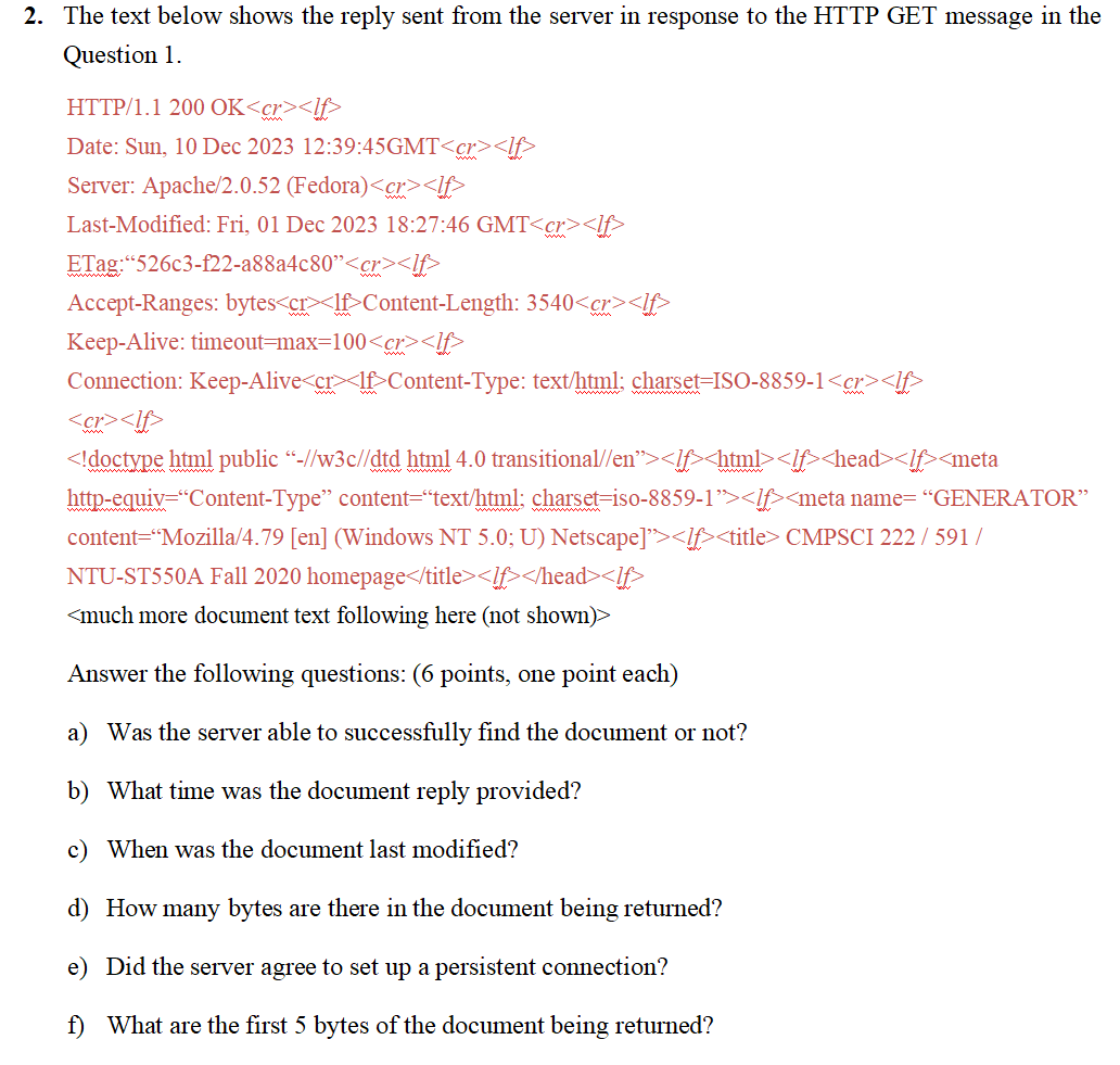 Solved The text below shows the reply sent from the server | Chegg.com