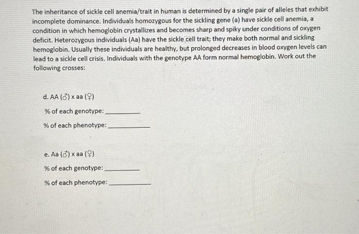 Solved The inheritance of sickle cell anemia/trait in human | Chegg.com