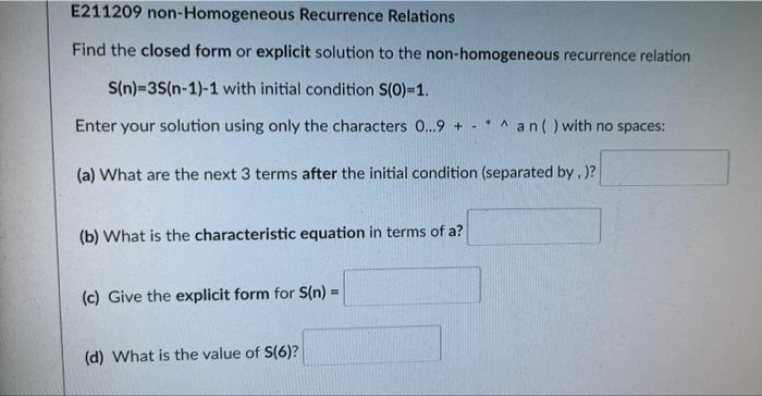 Solved E211209 non-Homogeneous Recurrence Relations Find the | Chegg.com