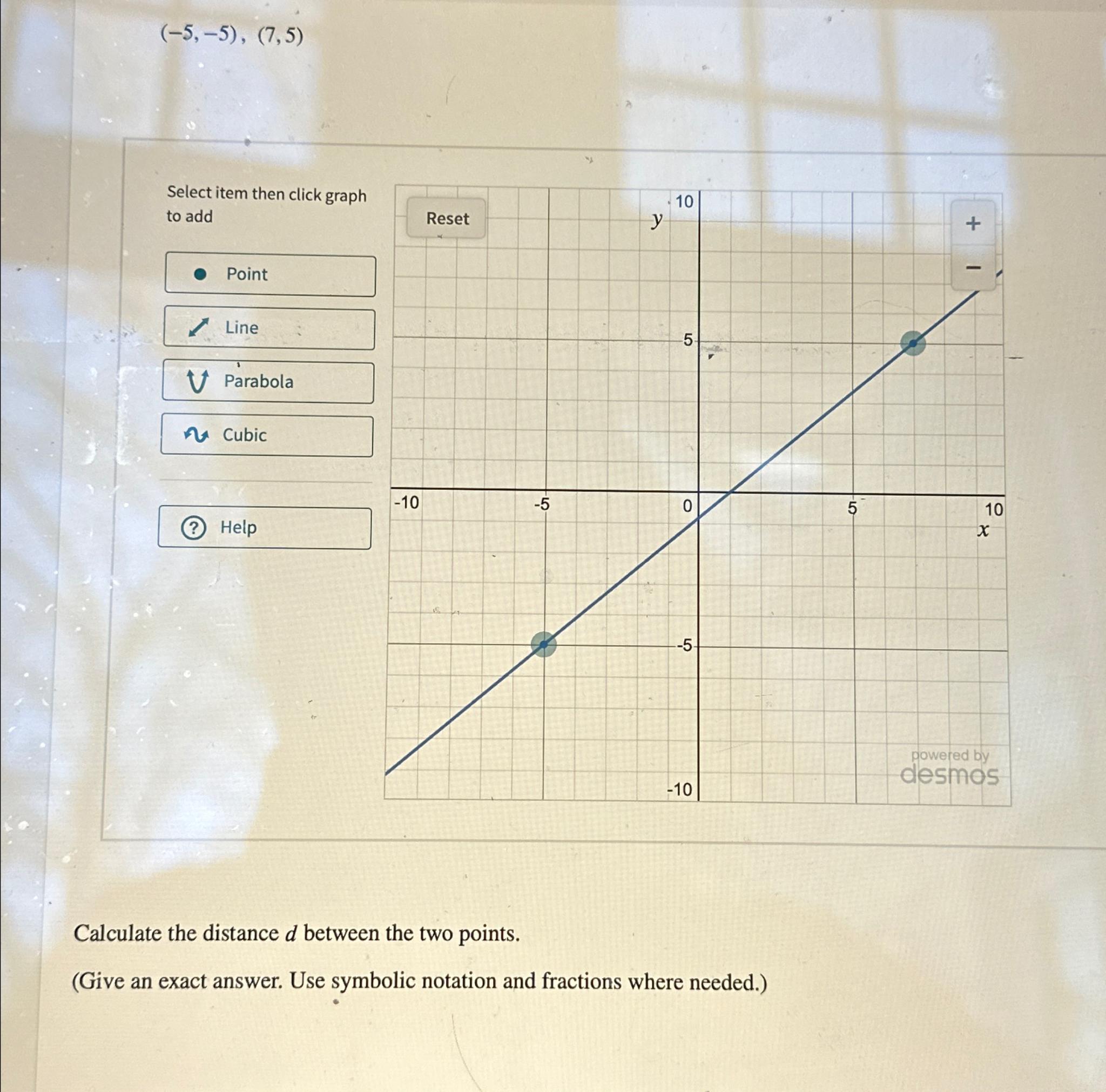 Solved (-5,-5),(7,5)Calculate the distance d ﻿between the | Chegg.com