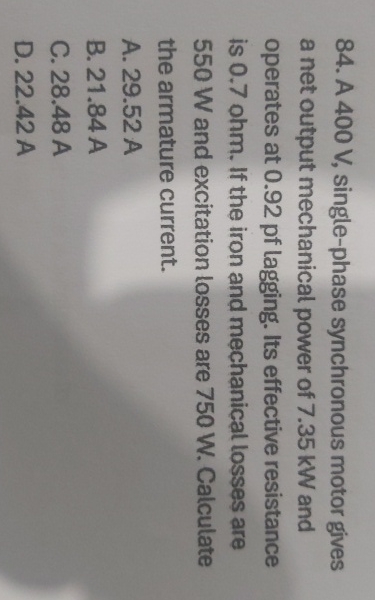 Solved A 400 ﻿V , ﻿single-phase synchronous motor gives a | Chegg.com