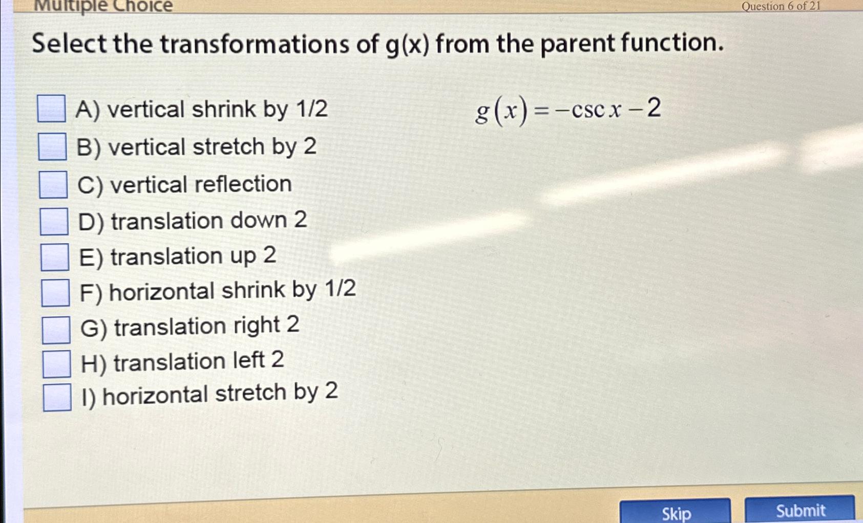 Solved Select the transformations of g(x) ﻿from the parent | Chegg.com